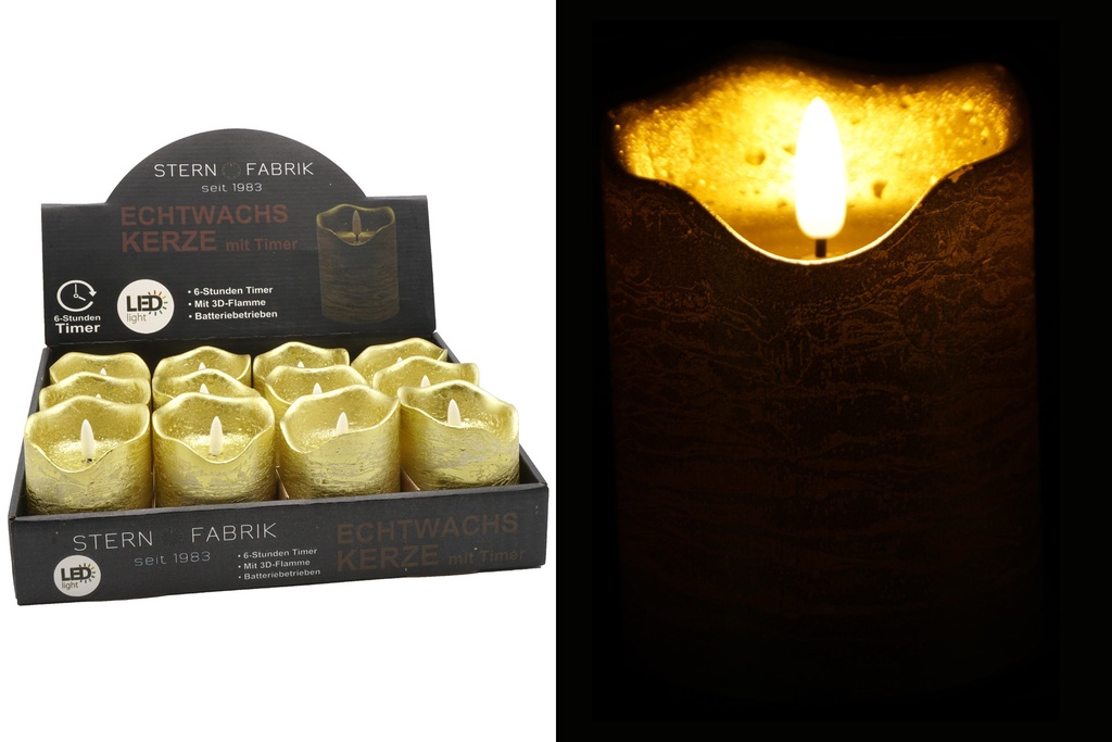 LED Echtwachskerze "3D Flamme" 7,5x12,5cm mit Timer, gold | Schnäppchen ...